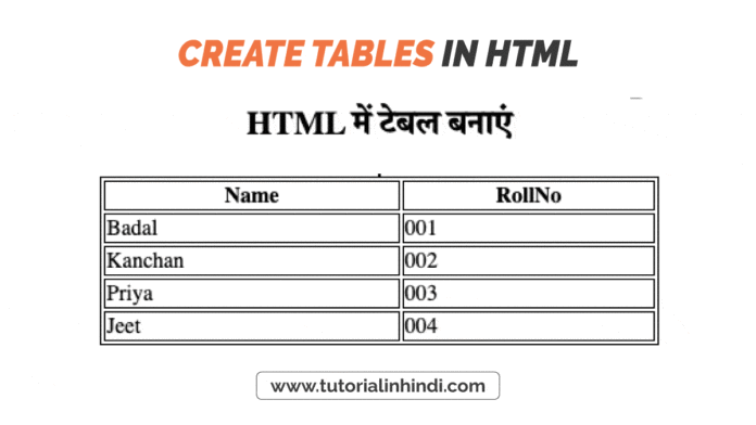 HTML Table in Hindi - HTML में टेबल कैसे बनाये - Tutorial in Hindi